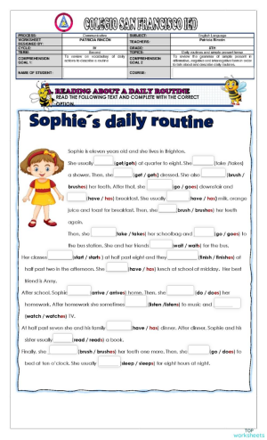 Sophie´s daily routine. Interactive worksheet | TopWorksheets