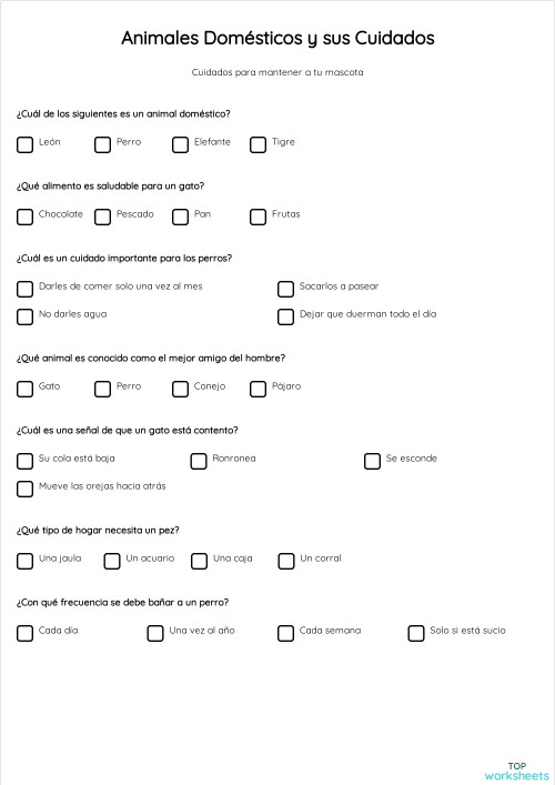 Animales Domésticos y sus Cuidados. Ficha interactiva | TopWorksheets