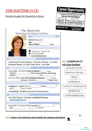 Job hunting- cv- WS 2. Interactive worksheet | TopWorksheets