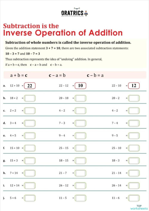 Subtraction TT. Interactive worksheet | TopWorksheets