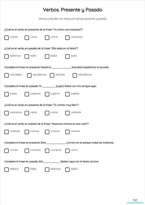 Verbos. Presente y Pasado. Ficha interactiva | TopWorksheets