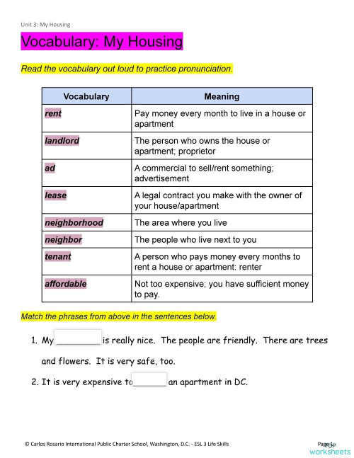 My Housing Vocabulary. Interactive worksheet | TopWorksheets