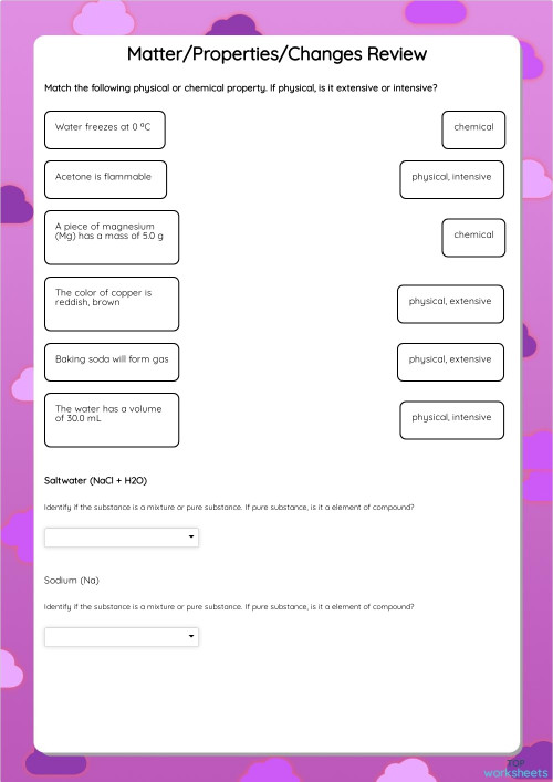 Matter/Properties/Changes Review. Interactive worksheet | TopWorksheets