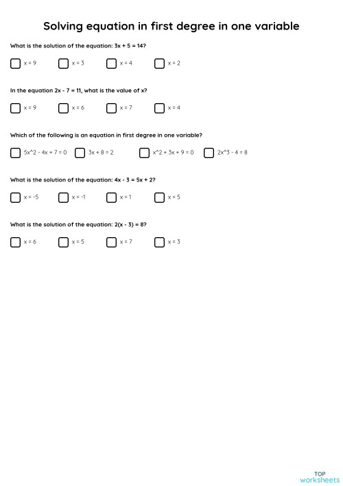 Solving equation in first degree in one variable. Interactive worksheet ... Solving equation in first degree in one variable. Interactive worksheet ...