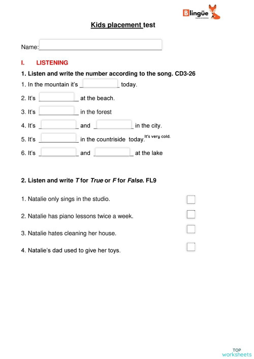 Kids placement test. Interactive worksheet | TopWorksheets