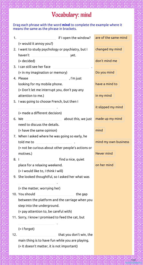Vocabulary: mind. Interactive worksheet | TopWorksheets