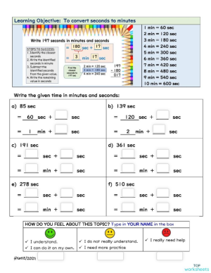 SECONDS TO MINUTES. Interactive worksheet | TopWorksheets