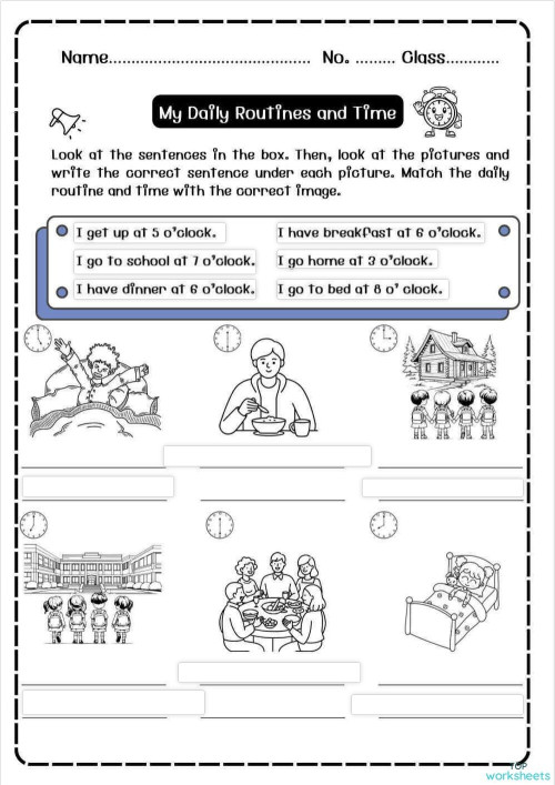 my daily routines and time ใบงานเชิงโต้ตอบ | TopWorksheets