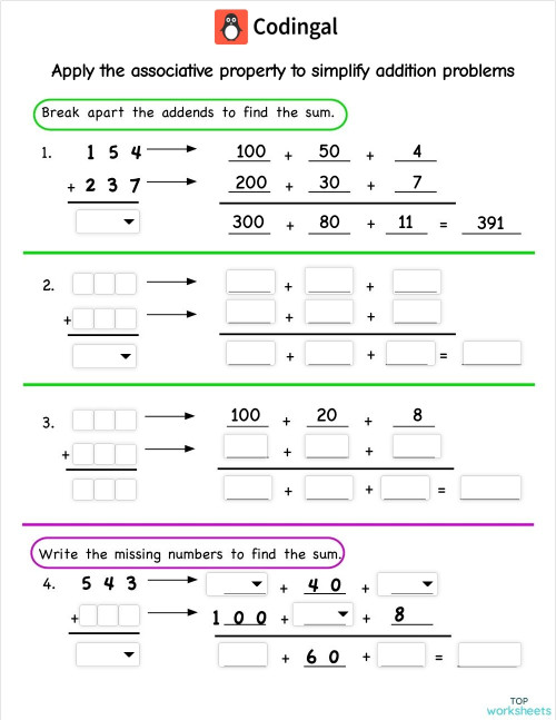 M_G02M09L42_WA02_Solving Addition Problems Using the Associative Property. Interactive worksheet ...