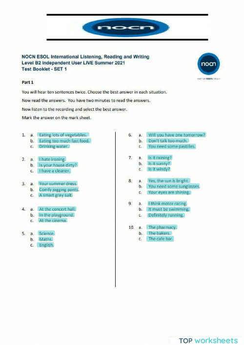 NOCN Summer 2021 B2 Listening. Interactive worksheet | TopWorksheets