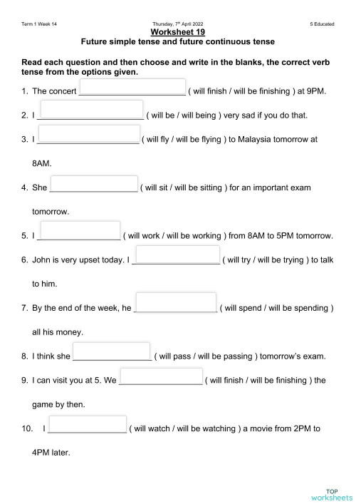 5Edu Worksheet 19 - Future simple and future continuous tense. Interactive worksheet | TopWorksheets