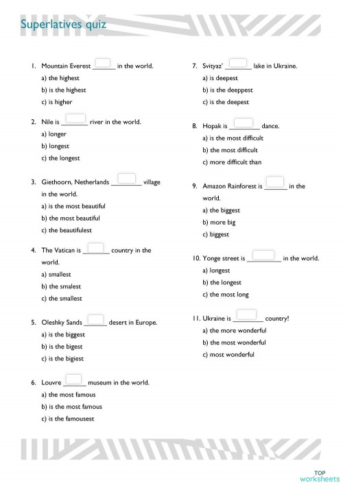 Superlatives quiz. Interactive worksheet | TopWorksheets