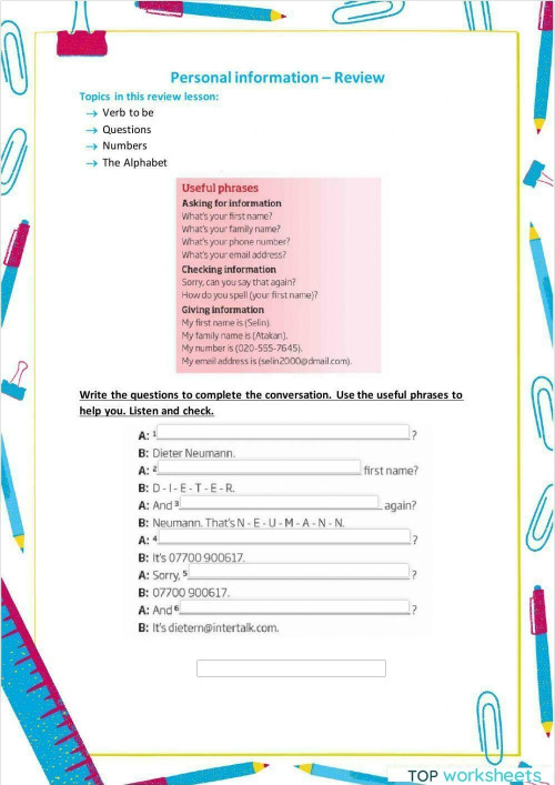 Review personal information. Interactive worksheet | TopWorksheets