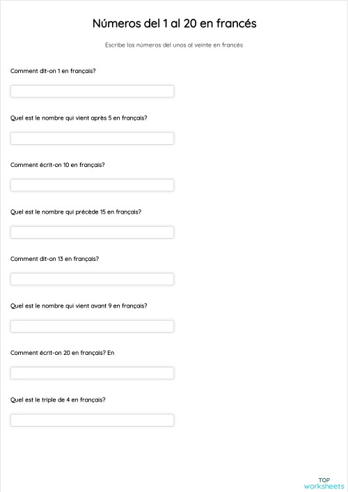 Números del 1 al 20 en francés. Fiche interactive | TopWorksheets