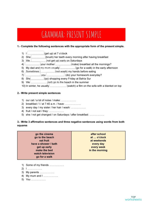 Presente Simple. Interactive worksheet | TopWorksheets