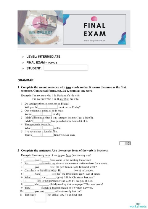 Intermediate final exam (b1.1) Tema B. Interactive worksheet | TopWorksheets