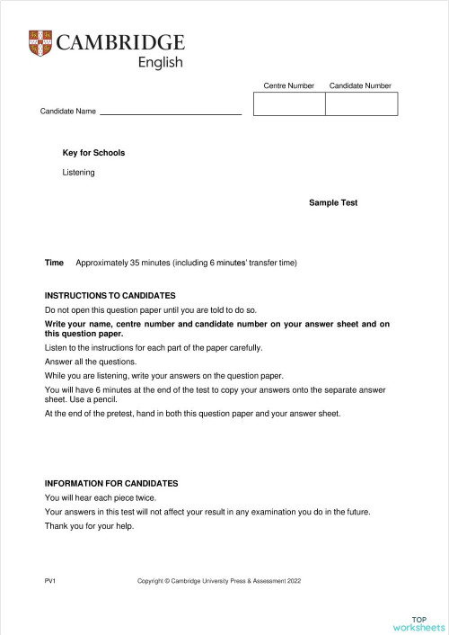 Key for Schools - L - Sample Test. Interactive worksheet | TopWorksheets
