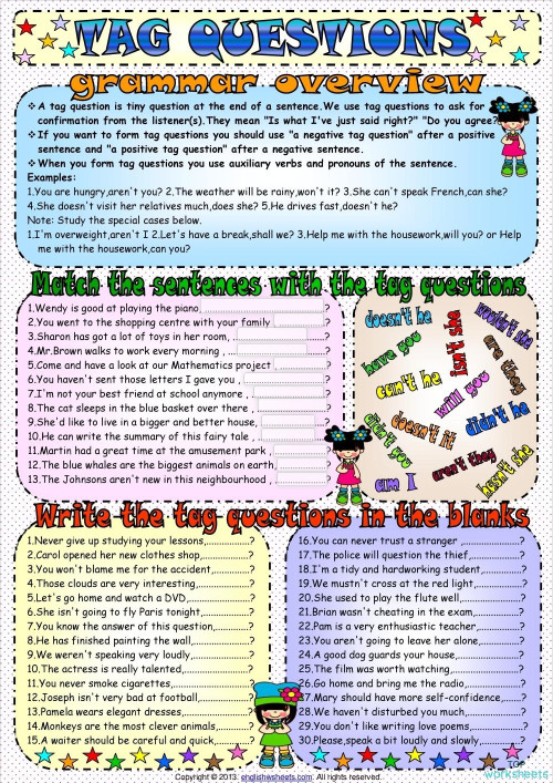 Tag Questions 2 ใบงานเชิงโต้ตอบ | TopWorksheets