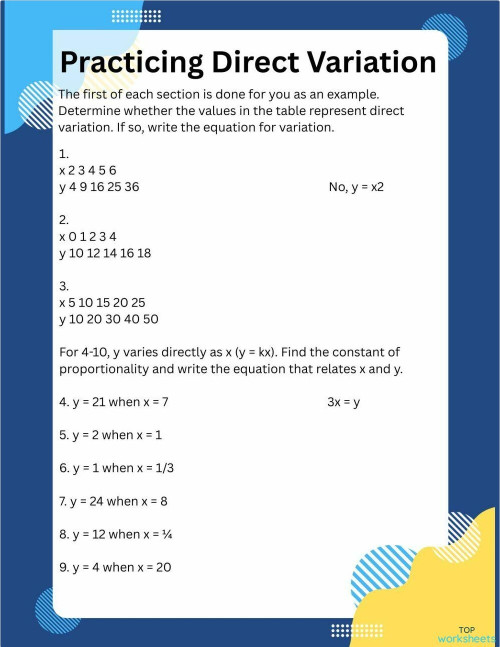 Practicing Direct Variation. Interactive worksheet | TopWorksheets