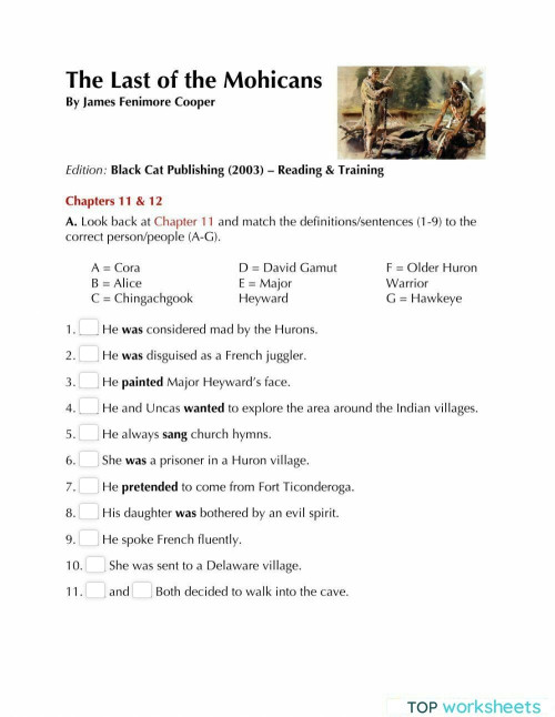 Literature Ex. - The Last of the Mohicans (Ch. 11-12). Interactive ...