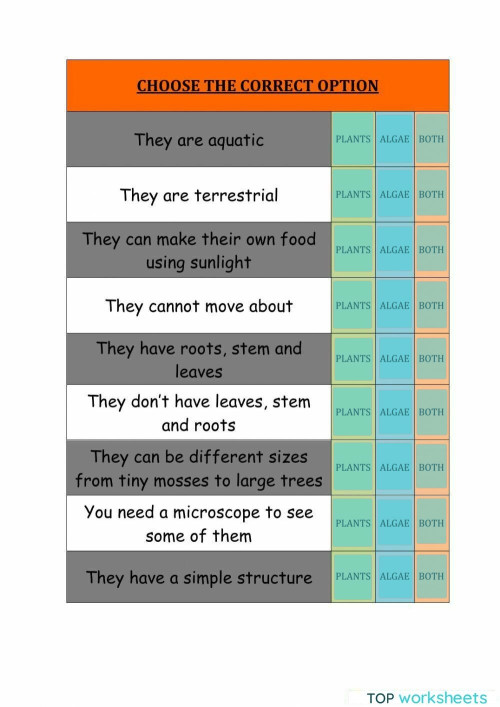Plants and algae characteristics. Interactive worksheet | TopWorksheets