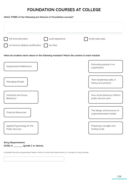 FOUNDATION COURSES AT COLLEGE. Interactive worksheet | TopWorksheets