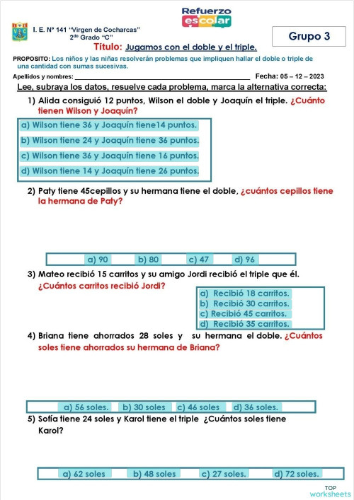 El doble y el triple - Equipo 3. Ficha interactiva | TopWorksheets