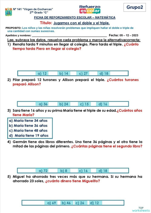 El doble y el triple - Equipo 2. Ficha interactiva | TopWorksheets