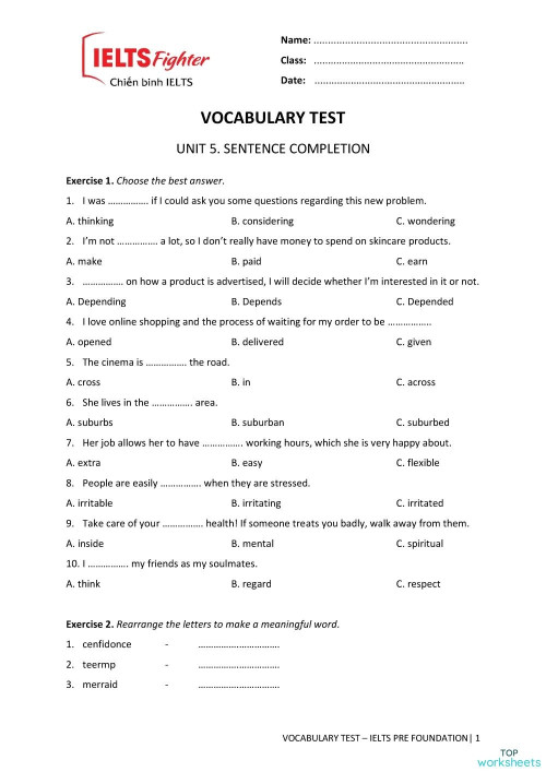 PREF_ Vocab Test 5. Interactive worksheet | TopWorksheets