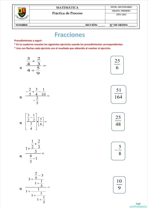 Operaciones con fracciones complejas. Ficha interactiva | TopWorksheets