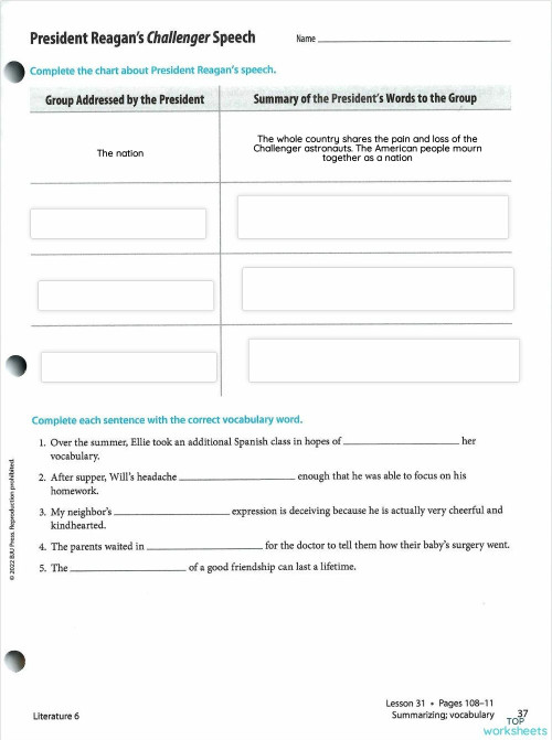 Lesson 31: President Reagan's Challenger Speech. Interactive worksheet ...