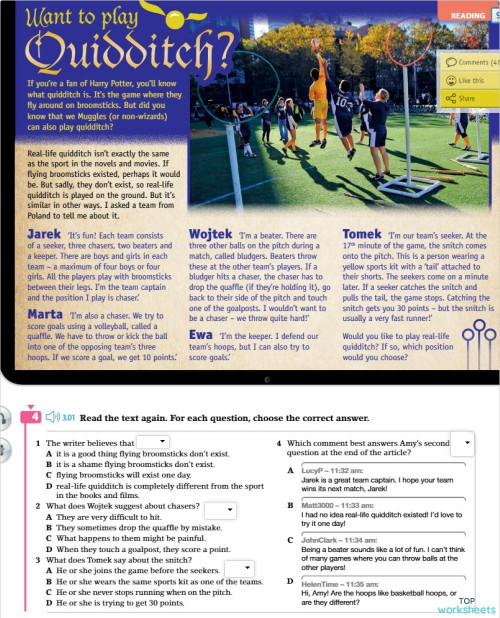reading quidditch. Interaktywny arkusz | TopWorksheets