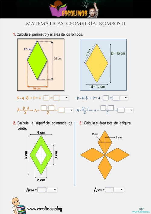 Matemáticas. Geometría. Rombos II. Ficha interactiva | TopWorksheets