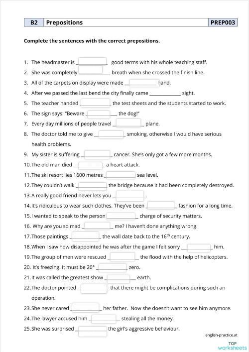 Prepositions - B2 - 3. Interactive worksheet | TopWorksheets