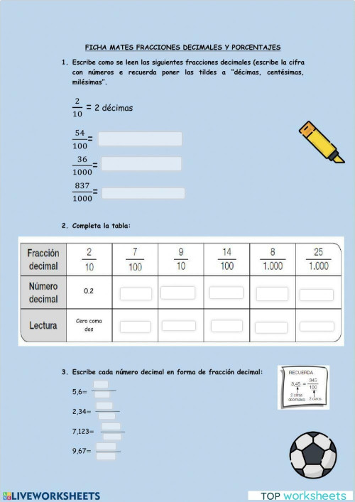 Fracciones decimales y porcentajes. Ficha interactiva | TopWorksheets