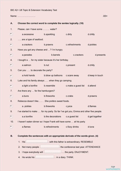 BIE A2+ U6 Topic and Extension Vocabulary. Interactive worksheet ...