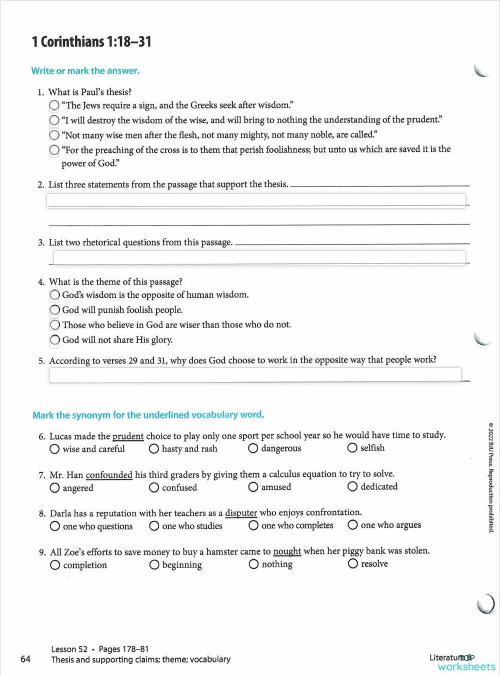Lesson 52: 1 Corinthians 1: 18-31 Pg 64. Interactive worksheet ...