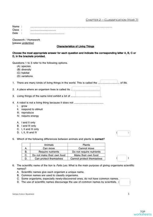 Classification. Interactive worksheet | TopWorksheets