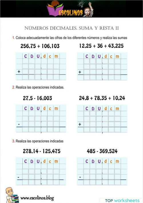 Números decimales. Suma y resta II. Ficha interactiva | TopWorksheets
