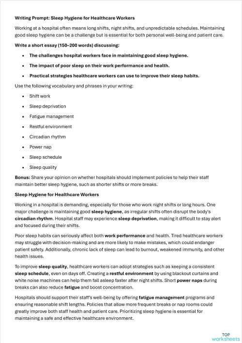 Writing Prompt Sleep hygiene.. Interactive worksheet | TopWorksheets