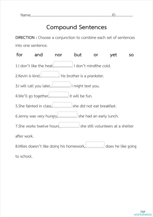 compound sentences worksheet ใบงานเชิงโต้ตอบ | TopWorksheets