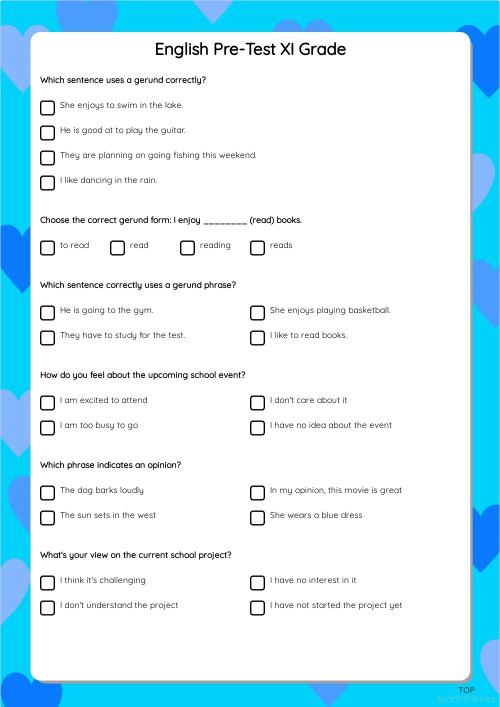 English Pre-Test XI Grade. Interactive worksheet | TopWorksheets