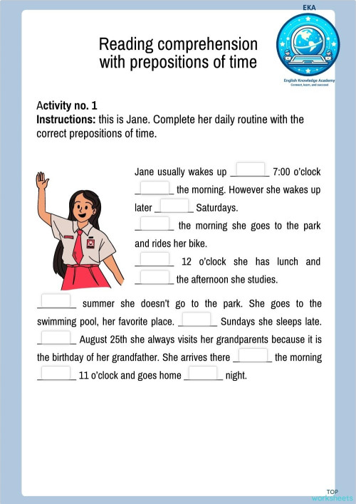 Reading comprehension with prepositions of time. Interactive worksheet ...
