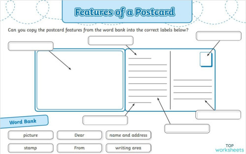 Elements of a postcard. Interactive worksheet | TopWorksheets