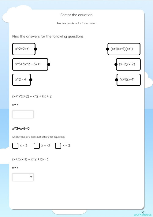Factor the equation. Interactive worksheet | TopWorksheets