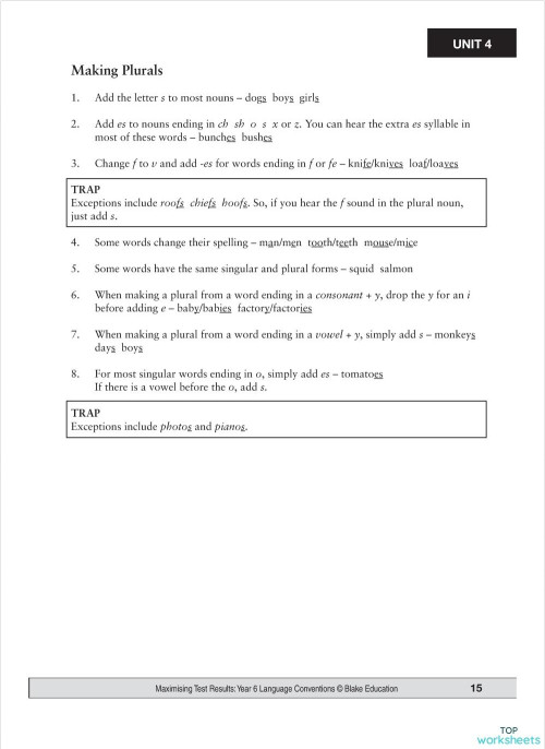 Unit 4 Making Plurals. Interactive worksheet | TopWorksheets