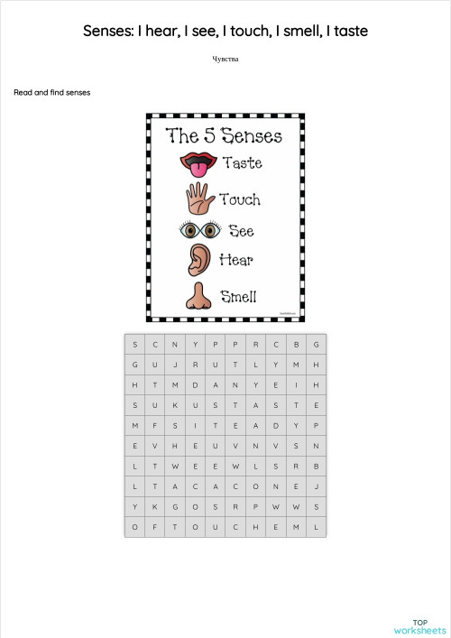 Senses: I hear, I see, I touch, I smell, I taste. Interactive worksheet ...
