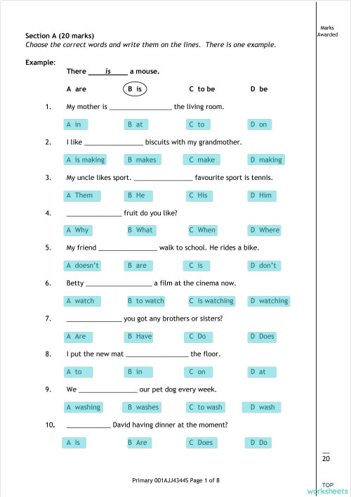 Primary- section A practice. Interactive worksheet | TopWorksheets
