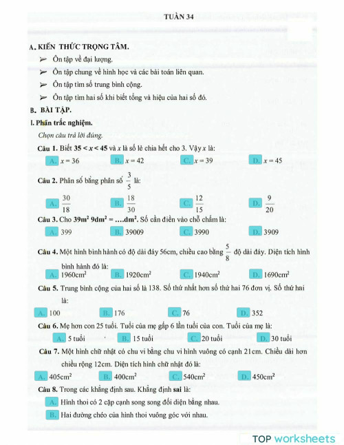 Toán 4 - Tuần 34 Bài tập. Interactive worksheet | TopWorksheets