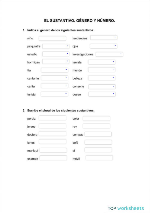 El sustantivo. Género y número.. Ficha interactiva | TopWorksheets